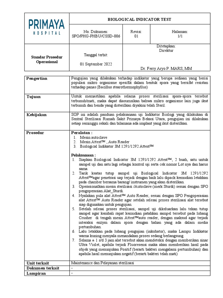 Spo CSSD 06 Biological Indicator Test - Doc Terbaru | PDF | Sains ...
