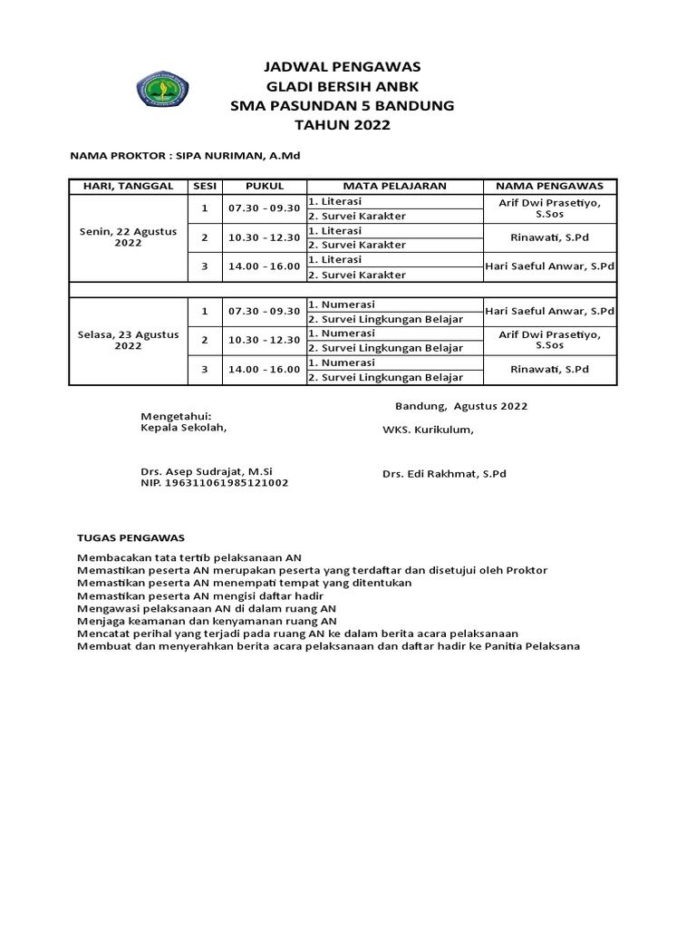 Jadwal Pengawas Anbk | PDF
