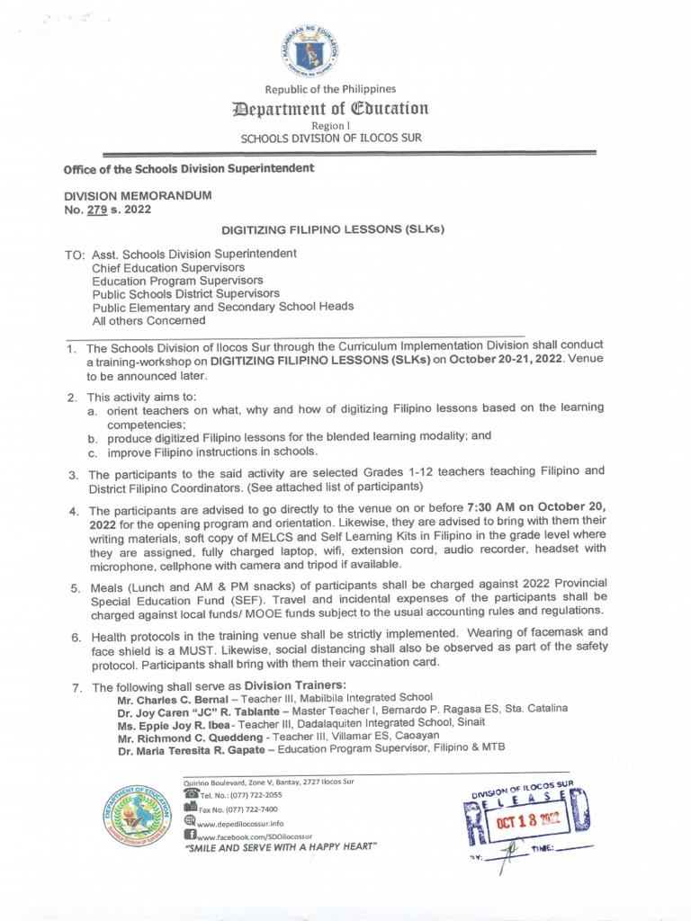 DM No. 279, S. 2022-Digitizing Filipino Lessons (SLKS) | PDF