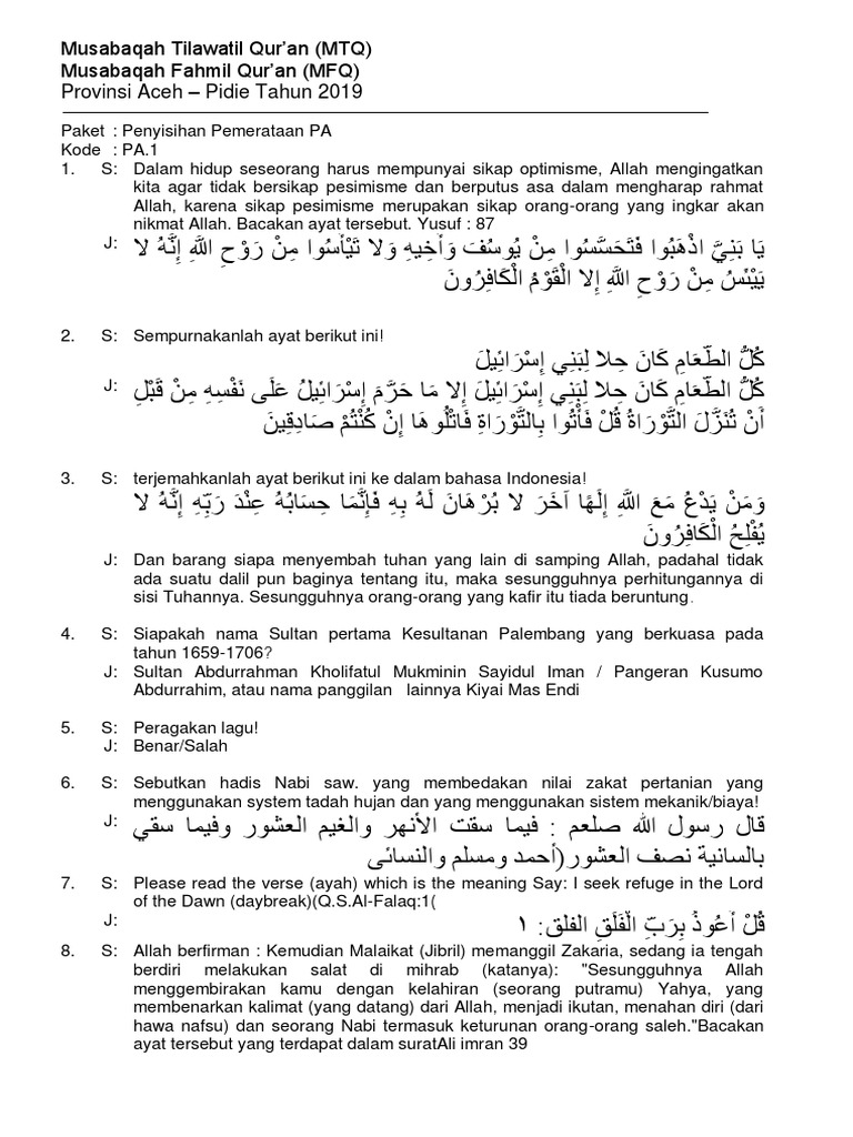 Soal MFQ Prov Aceh - Pidie 2019 | PDF