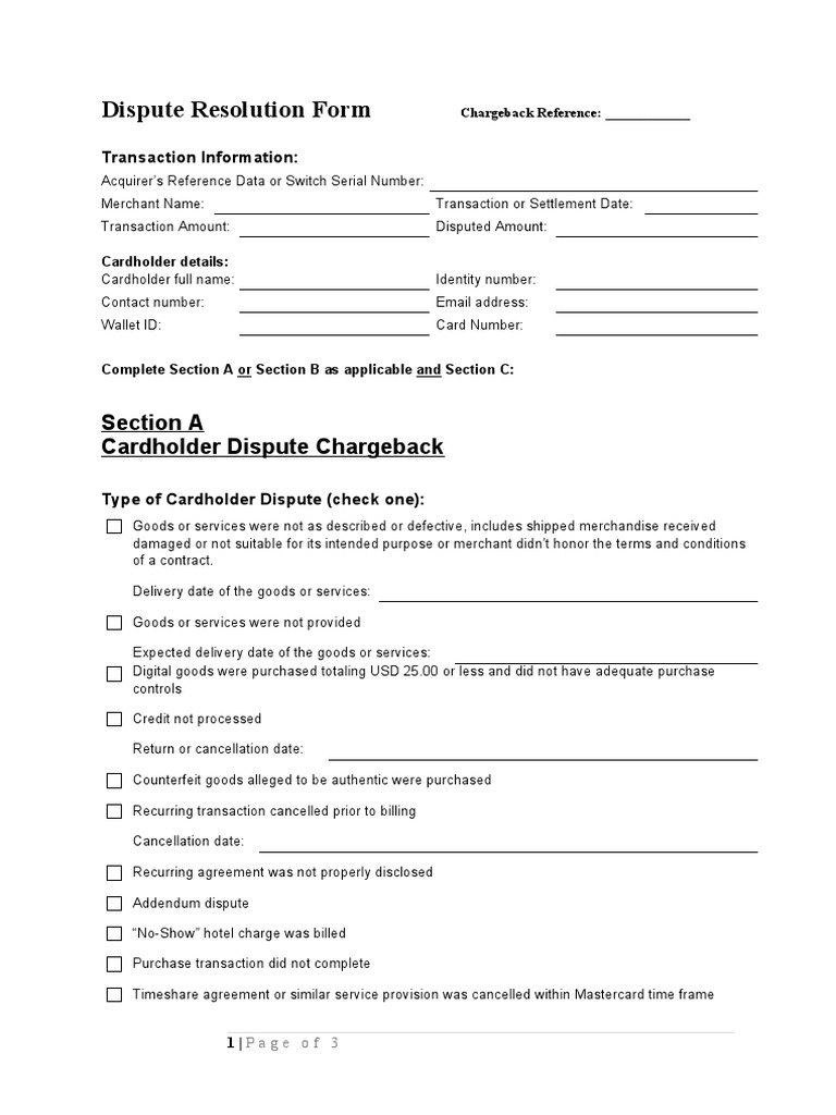 Dispute Resolution Form | PDF | Credit Card | Master Card