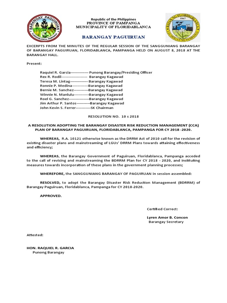 Res. Adopting The BDRRM Plan Budget 1 2018 | PDF