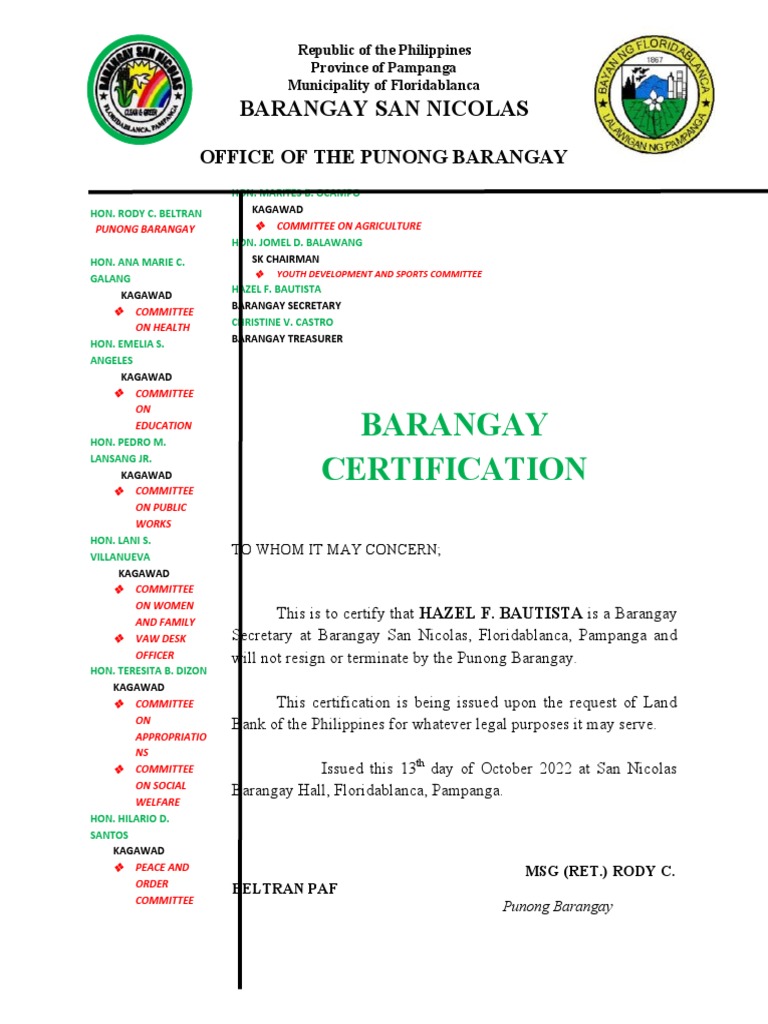 Brgy Certification-Treas Sec | PDF
