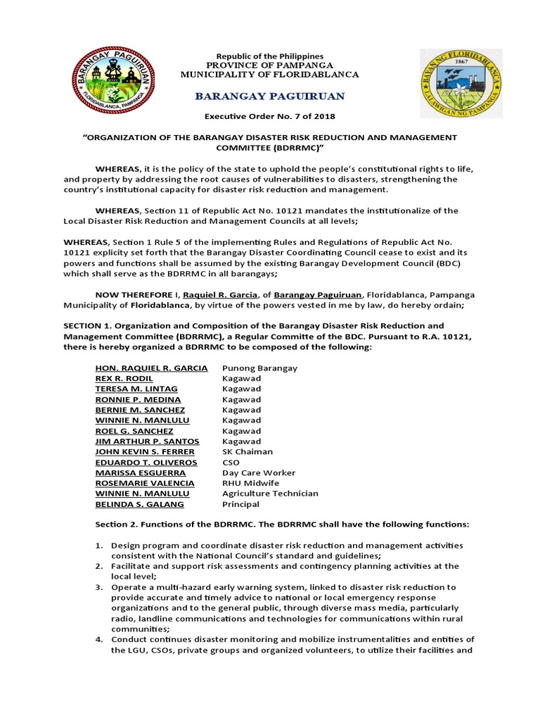 Executive Order 7 2018 BDRRMC | PDF | Risk Management | Risk