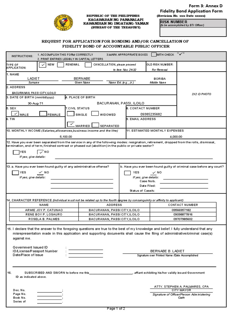 Form 3: Annex D Fidelity Bond Application | PDF | Bonds (Finance)