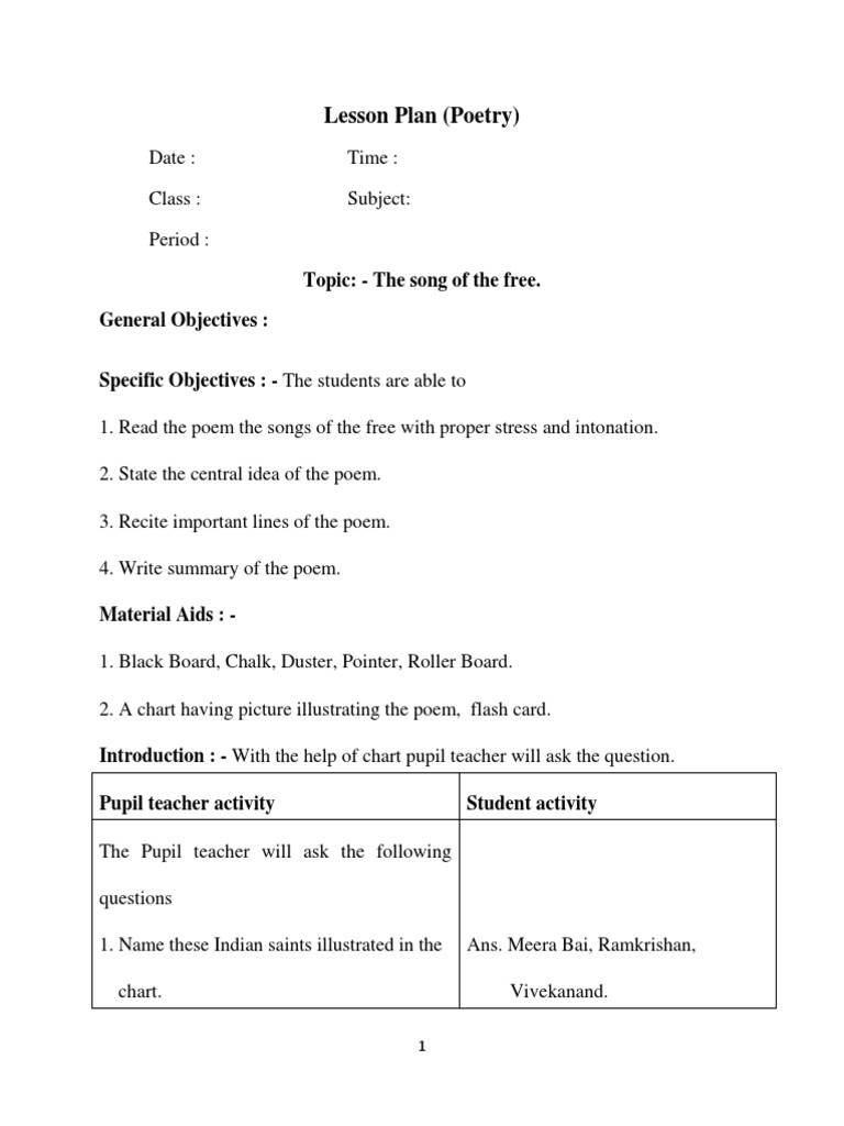 English Lesson Plan-Poetry | PDF | Teachers | Poetry