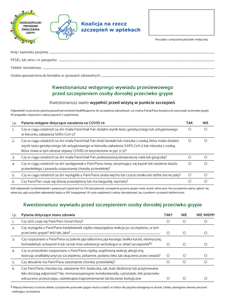 Kwestionariusz Przed Szczepieniem Grypa | PDF Kwestionariusz Przed Szczepieniem Grypa | PDF