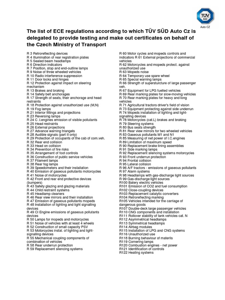 ECE Regulations Overview for TÜV SÜD | PDF | Vehicles | Automotive ...
