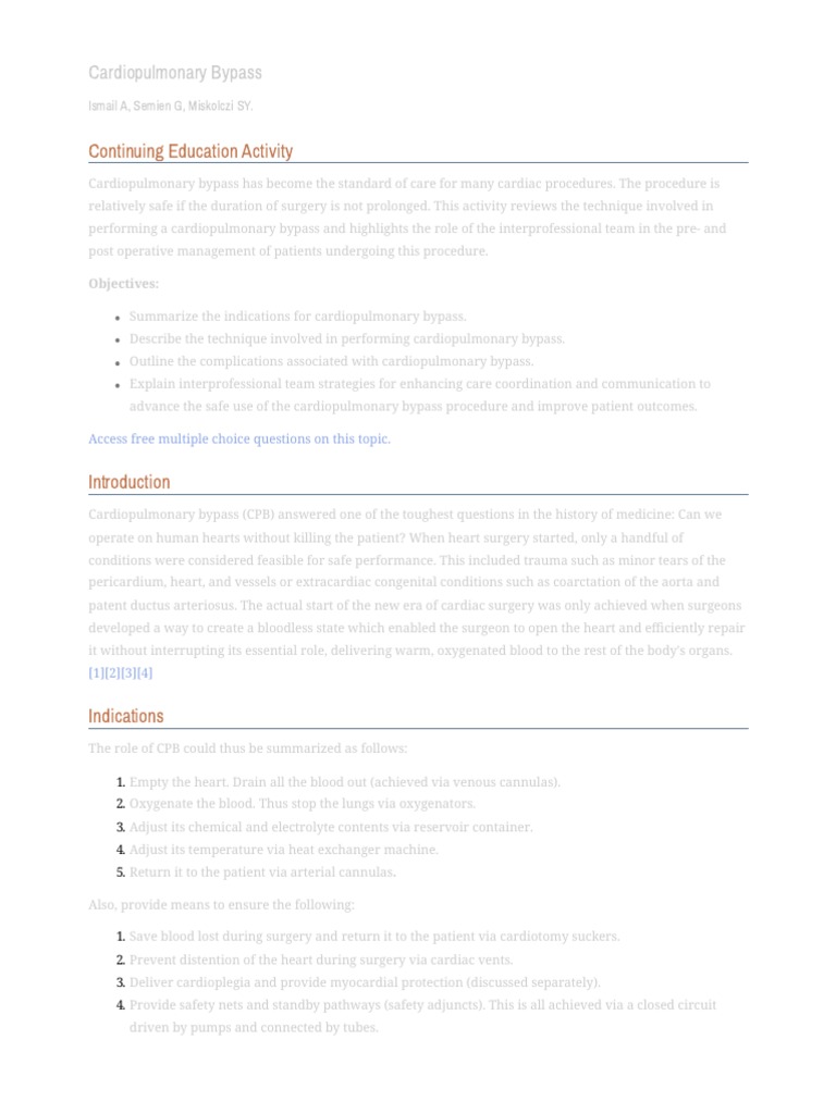 Cardiopulmonary Bypass - StatPearls - NCBI Bookshelf | PDF | Heart | Aorta