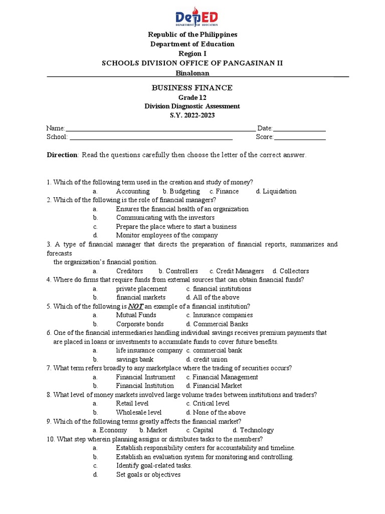 Diagnostic Test Business Finance - Corrected | PDF | Net Present Value ...