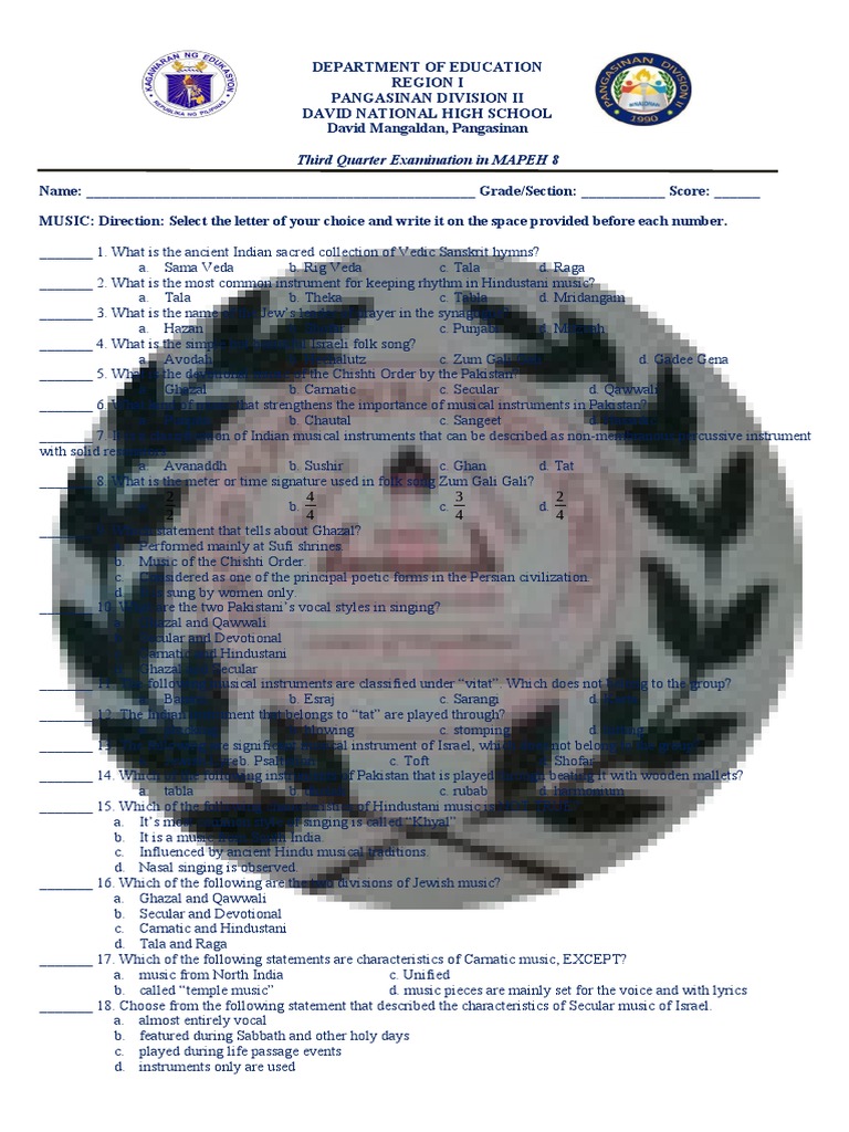 Third Quarter Examination in MAPEH 8 at David National High School | PDF