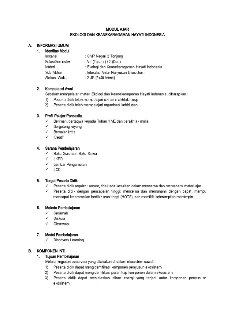 Modul Ajar Ekologi Dan Keanekaragaman Hayati Indonesia | PDF