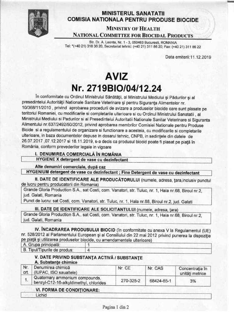 Aviz Hygienium Detergent Dezinfectant de Vase | PDF