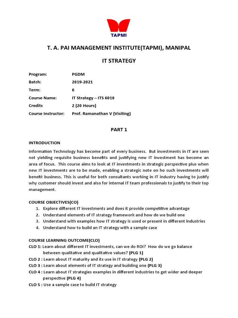 IT Strategy - ITS 6010 Course Outline | PDF | Leadership | Communication