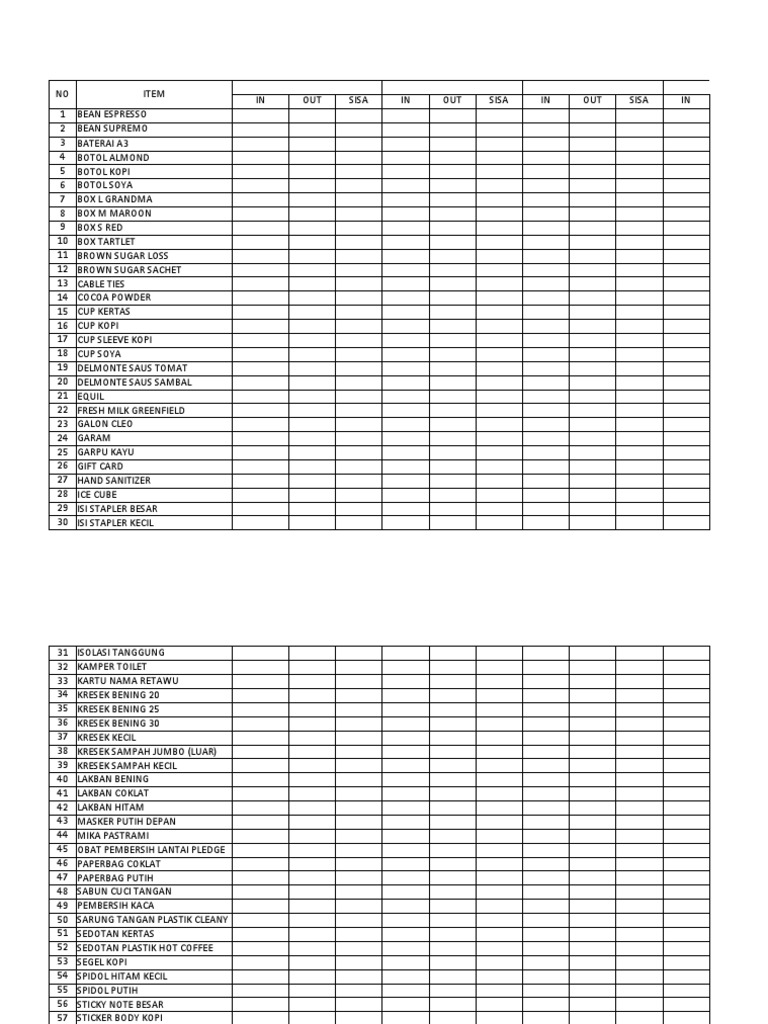 Form Stock Opname Daily | PDF | Foods | Food Ingredients