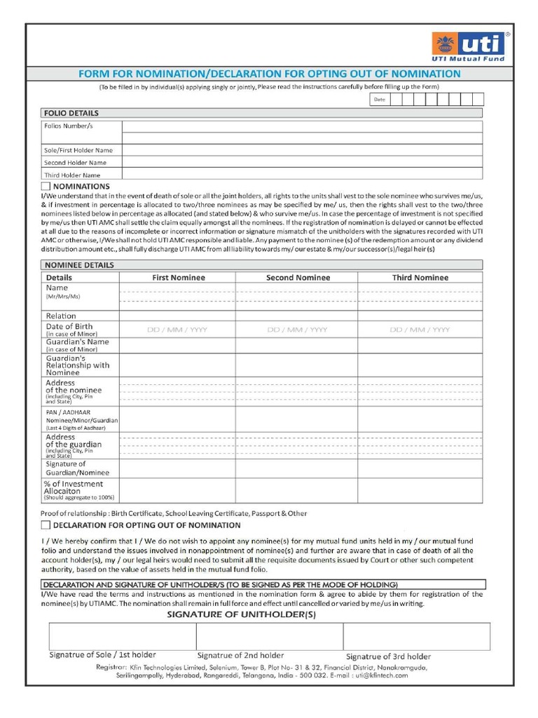 Nomination Form - UTI - MF | PDF