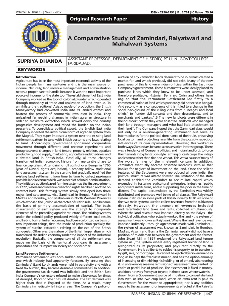 A Comparative Study of Zamindari Raiyatwari and Mahalwari Systems March ...