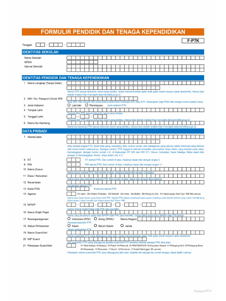 Formulir Isian Data PTK 2022 | PDF