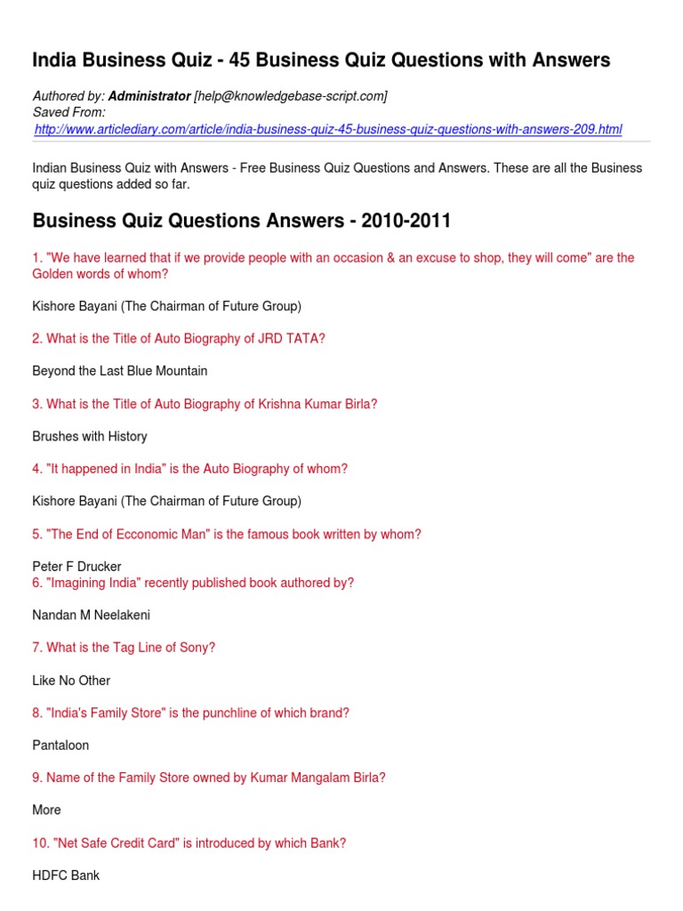 45 Business Quiz Questions and Answers about Major Indian Companies ...