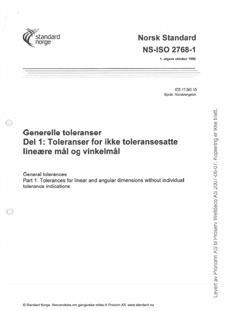 ISO 2768-1 - 1989 - en General Tolerances - Norwegian | PDF