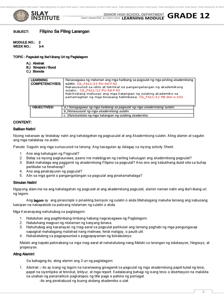 Module 2 Filipino Sa Piling Larangan Lesson and Activities | PDF