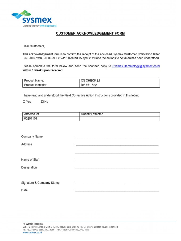 Customer Acknowledgement Form - Low PLT-F Value On XN Check L1 (Lot No ...