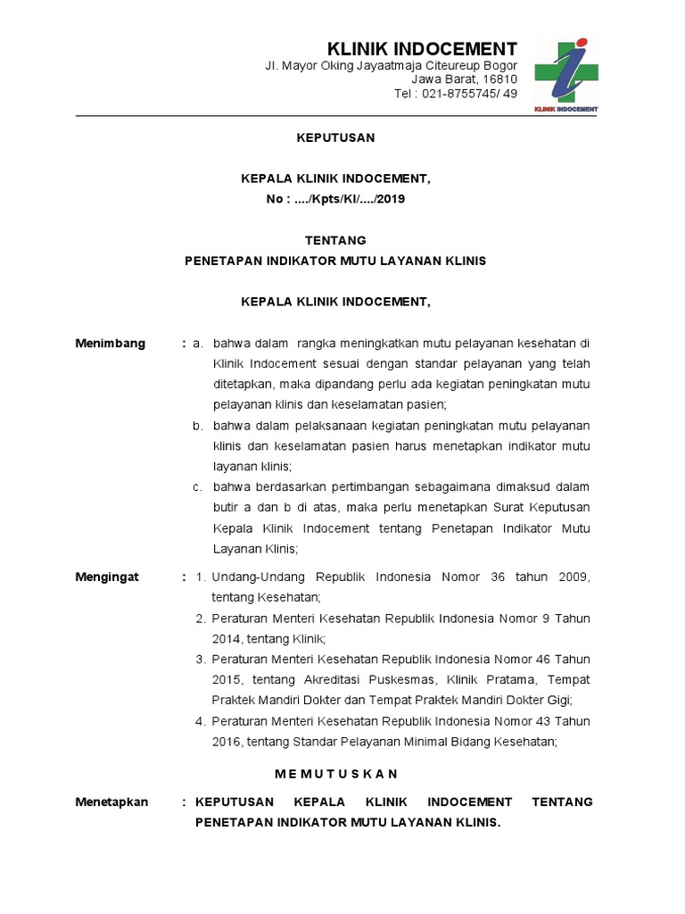Final SK Penetapan Indikator Mutu Layanan Klinis | PDF