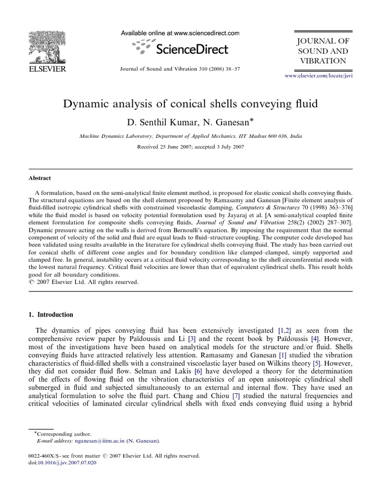 2008 Kumar Dynamic Analysis Of Conical Shells Jsv Pdf Fluid Dynamics Finite Element Method 
