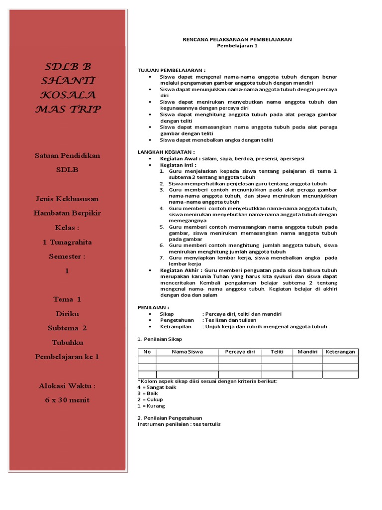 RPP Kelas 1 Tunagrahita 8220tubuhku8221 | PDF | Karier & Perkembangan | Seni & Disiplin Bahasa