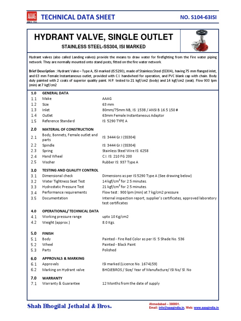 Hydrant Valve, Single Outlet: Technical Data Sheet | PDF | Valve | Mechanical Engineering