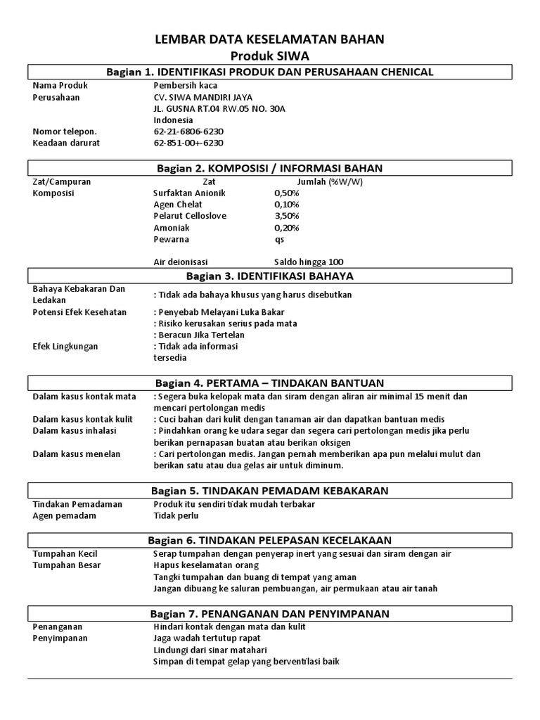 MATERIAL SAFETY DATA SHEET Glass Cleaner | PDF
