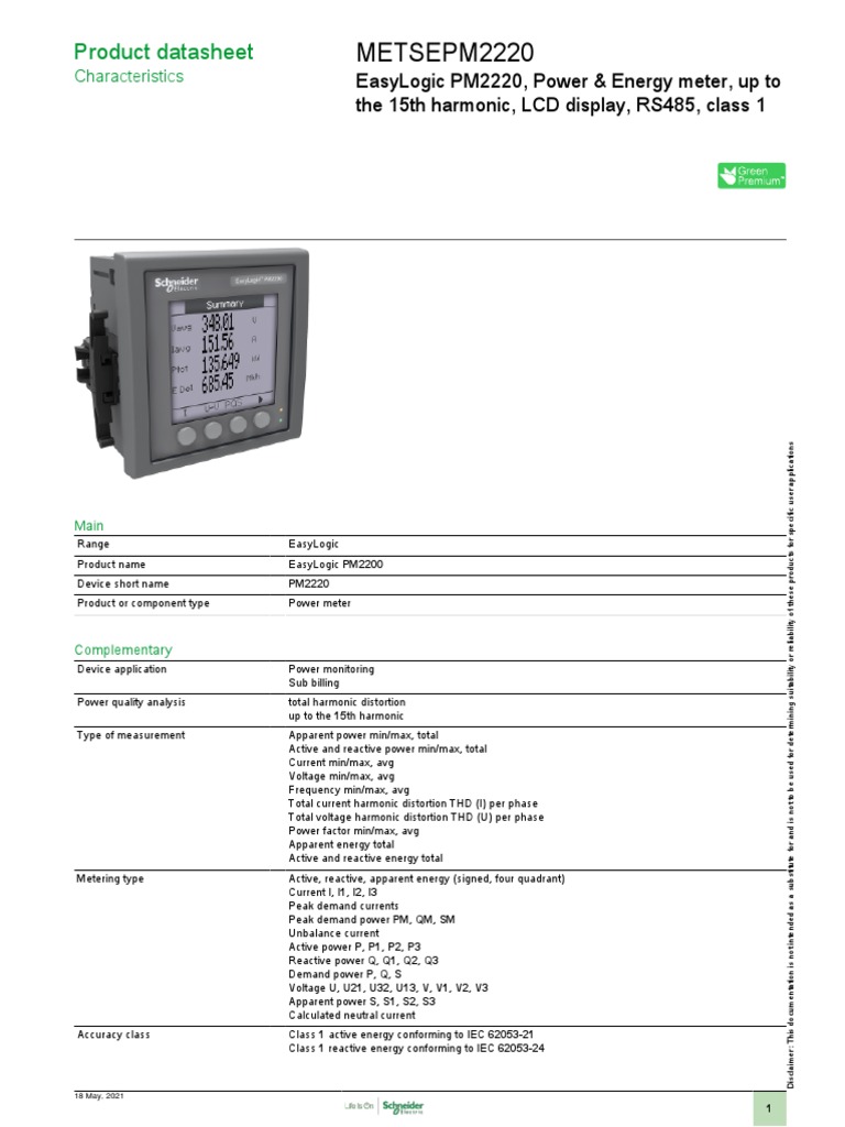 EasyLogic PM2220 Power Meter Datasheet | PDF | Alternating Current ...