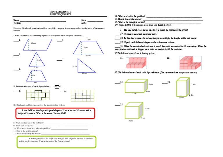 4TH Summative Test in Math4 | PDF | Area | Volume
