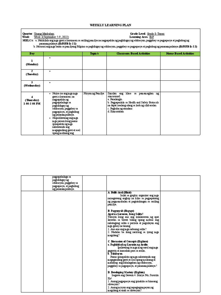 1ST Quarter WEEK 3 Weekly Learning Plan3 | PDF