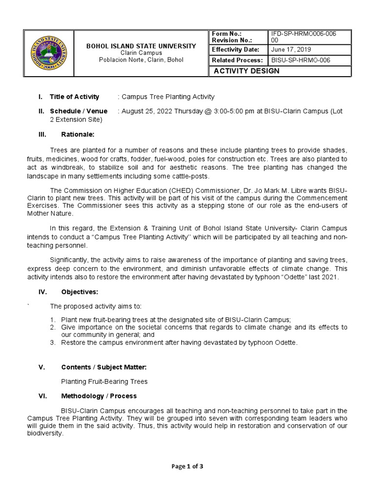 Activity Design For Campus Tree Planting Activity Pdf Natural