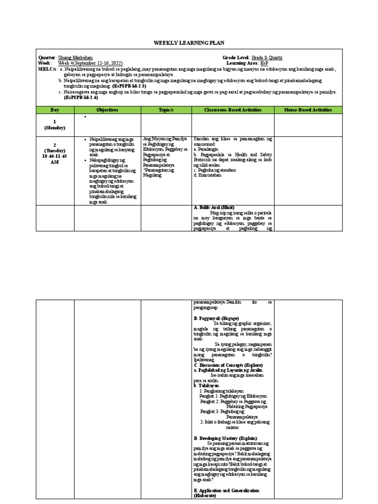 1ST Quarter WEEK 4 Weekly Learning Plan4 | PDF