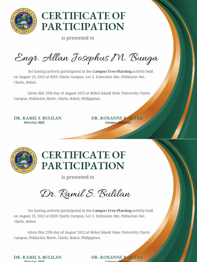 Certificates of Participation for BISU Clarin Campus Tree Planting ...
