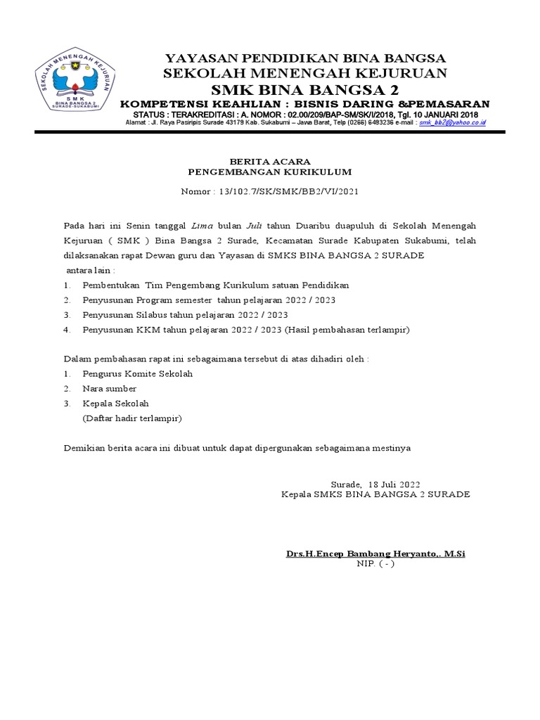 SK Tim Pengembang Kurikulum SMK BB 2 | PDF