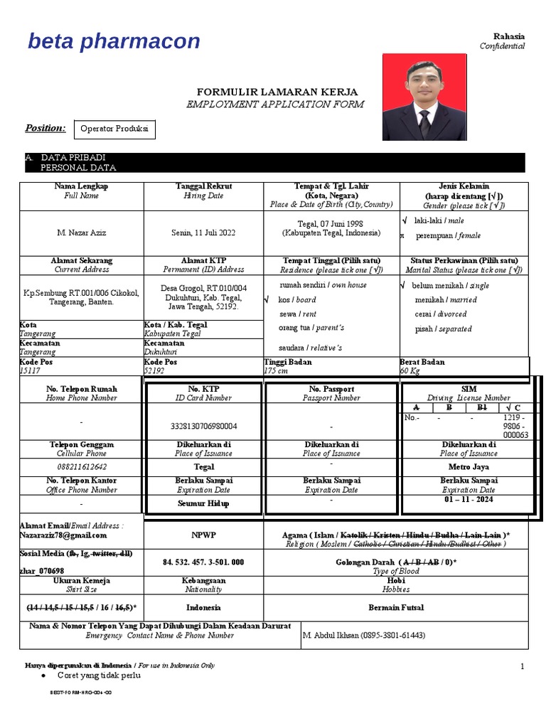 BEST-FORM-HRG-004 Formulir Lamaran Kerja | PDF