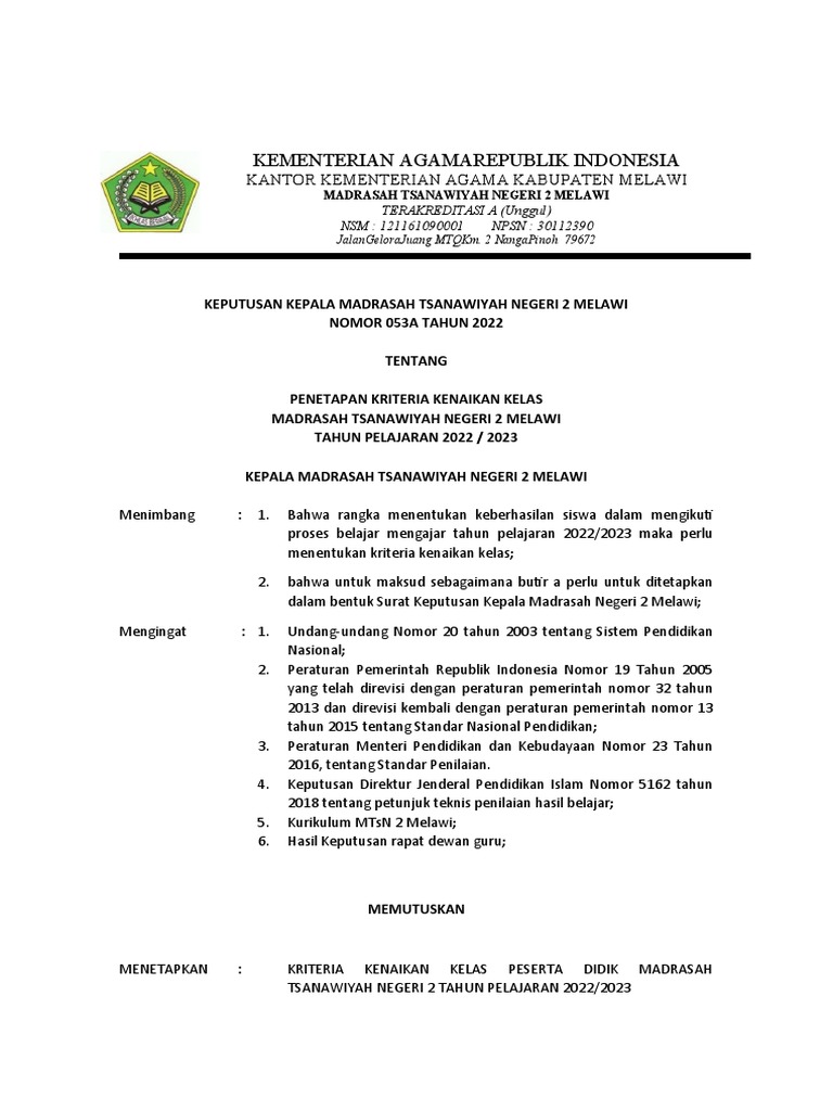 Contoh SK Penetapan Kriteria Kenaikan Kelas TP 2022-2023 | PDF