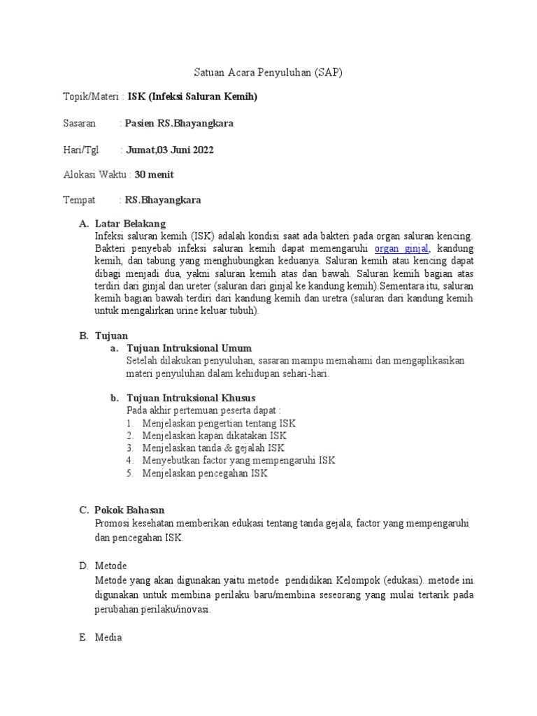 ISK (Infeksi Saluran Kemih) : Satuan Acara Penyuluhan (SAP) | PDF | Pengembangan Diri | Sains ...