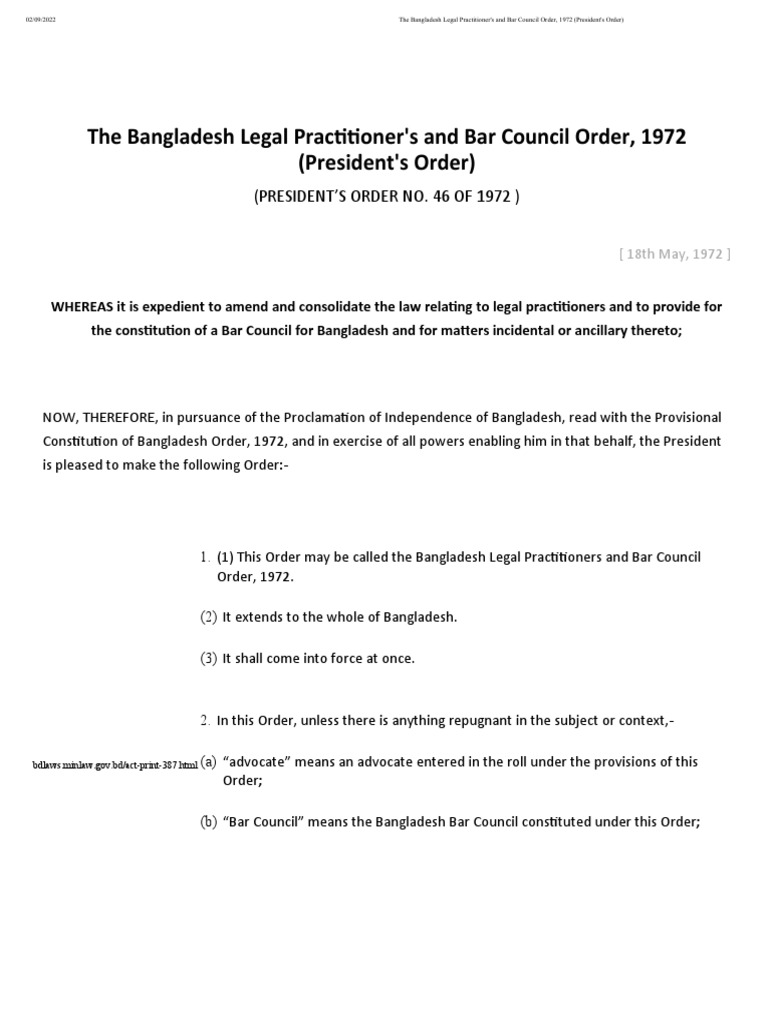 Bangladesh Bar Council Order, 1972 | PDF | Advocate | Bar Association