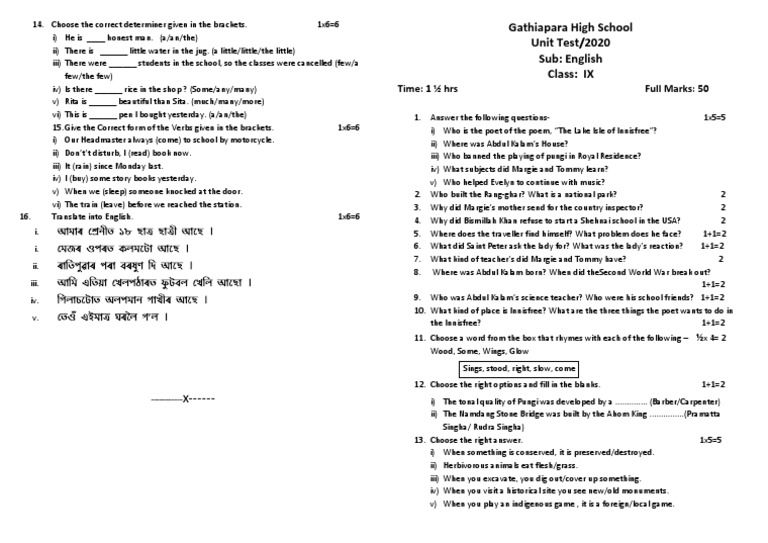 Time: 1 Hrs Full Marks: 50: Gathiapara High School Unit Test/2020 Sub ...