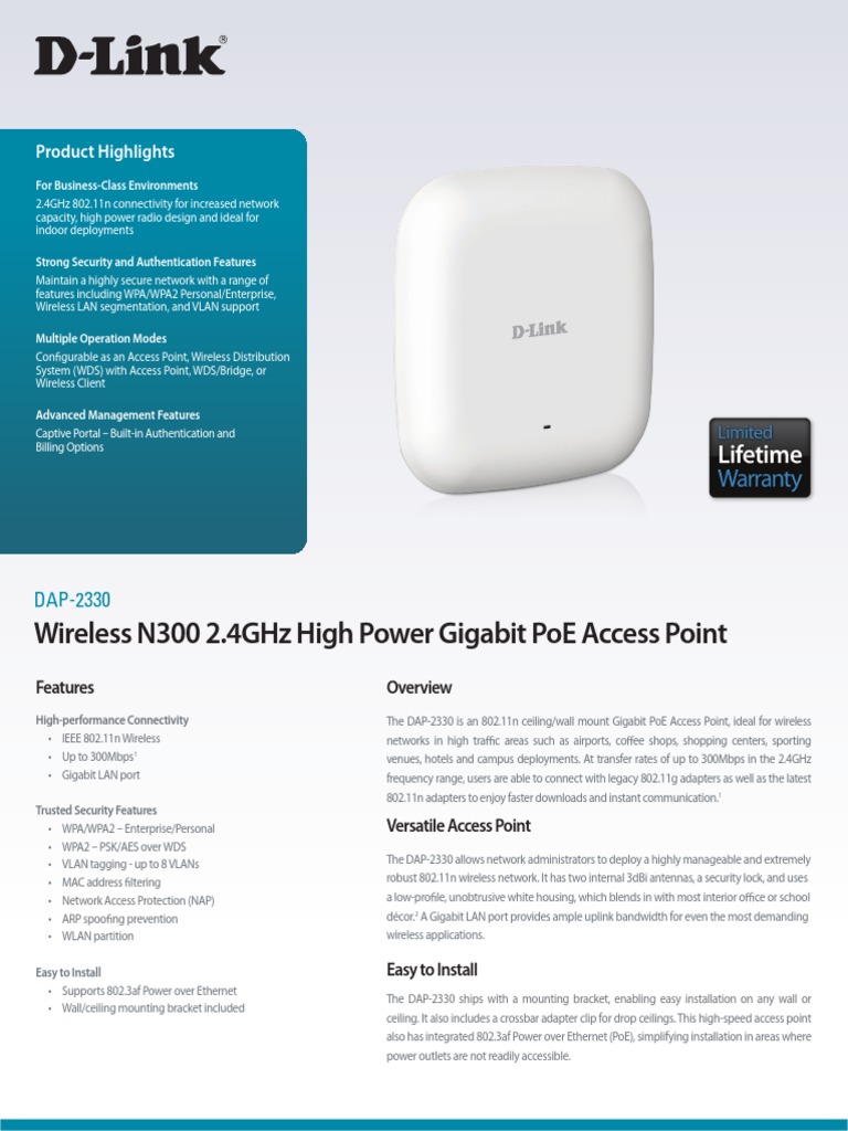 Dap-2330 Reva Datasheet 1.00 | PDF | Wireless Lan | Wireless Access Point