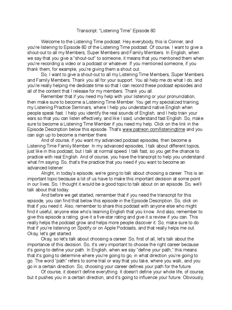 Episode 60 Transcript - Listening Time | PDF | Podcast | Salary