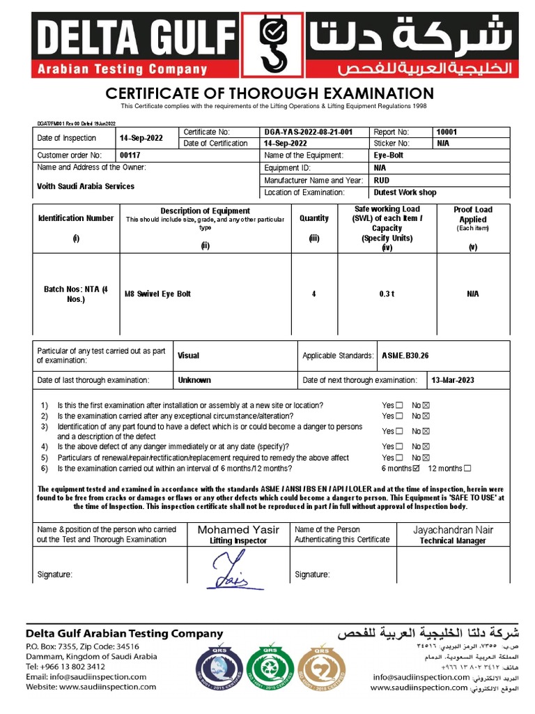Eye Bolt Inspection Certification Report | PDF | Systems Engineering ...