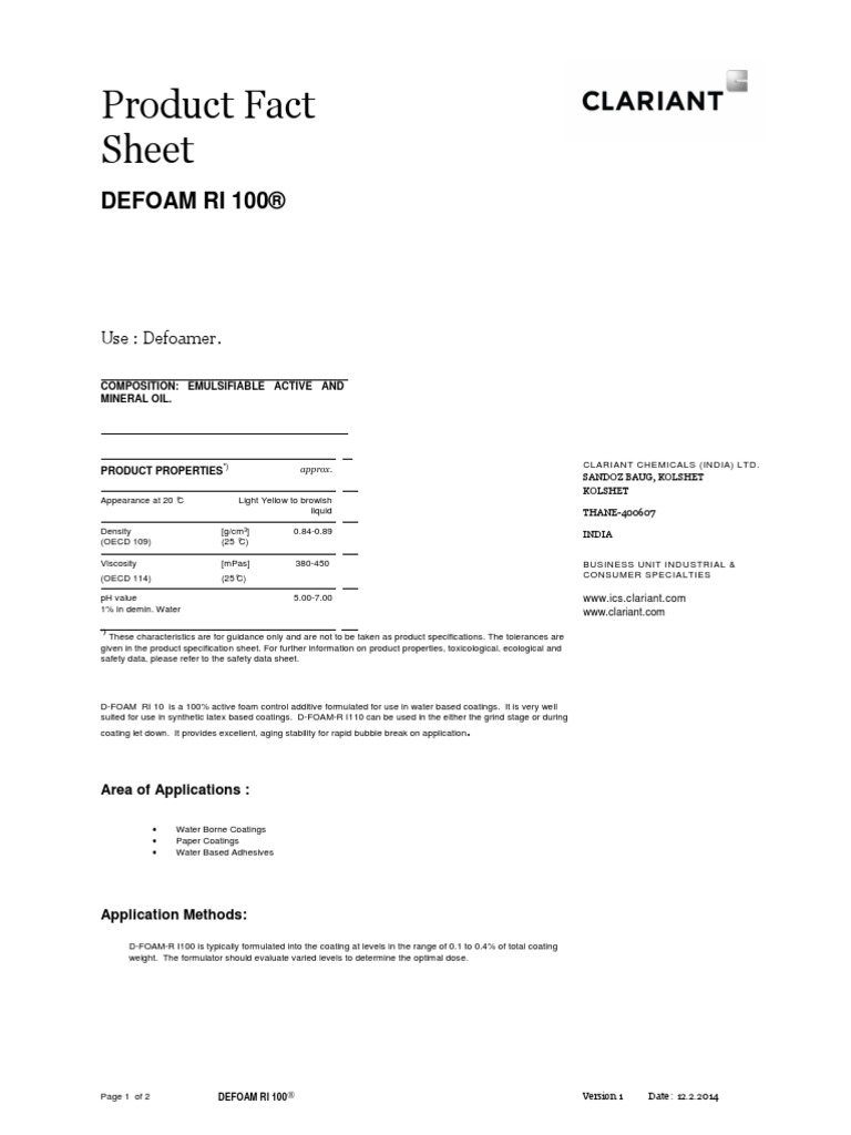Technical Data Sheet Defoam RI 100 | PDF | Information | Water