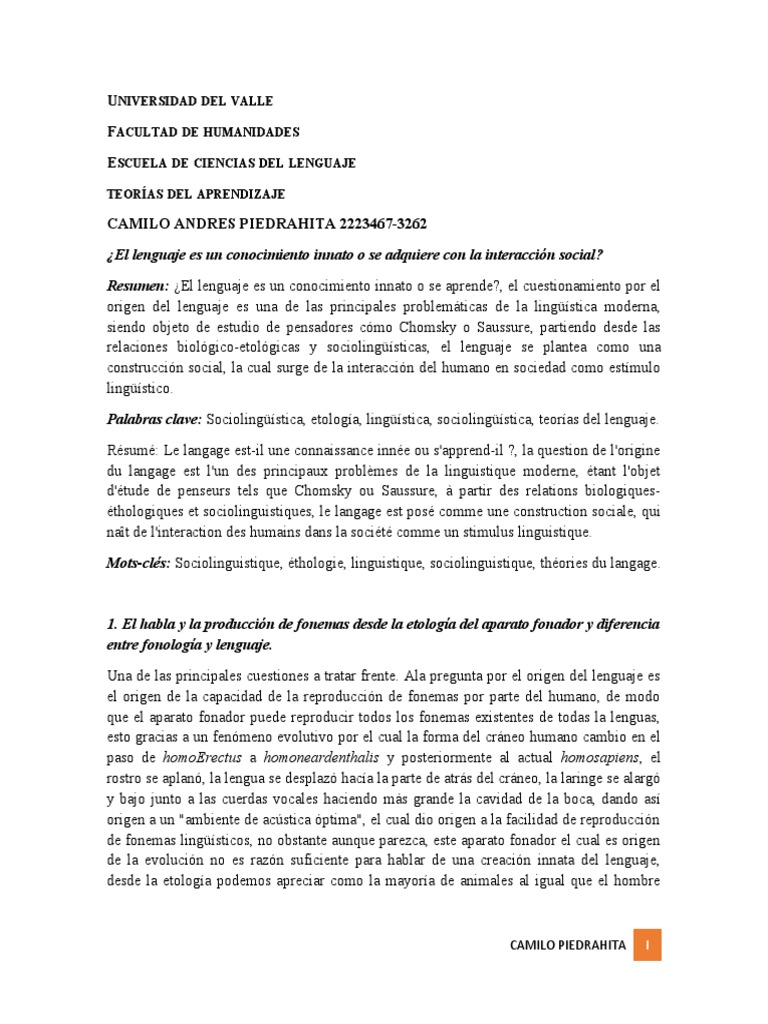 El Lenguaje Es Un Conocimiento Innato o Se Adquiere Con La Interacción ...