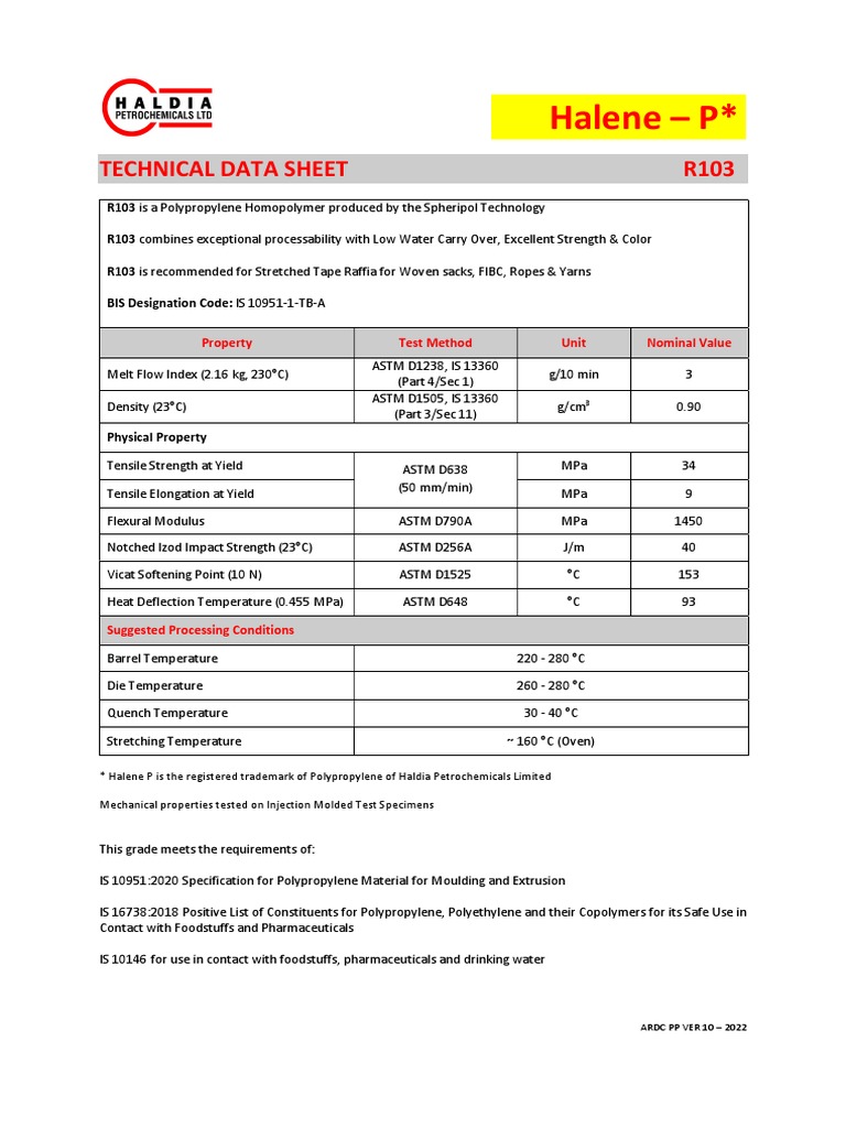 Polypropylene R103 Technical Data Sheet | PDF | Building Engineering | Chemistry