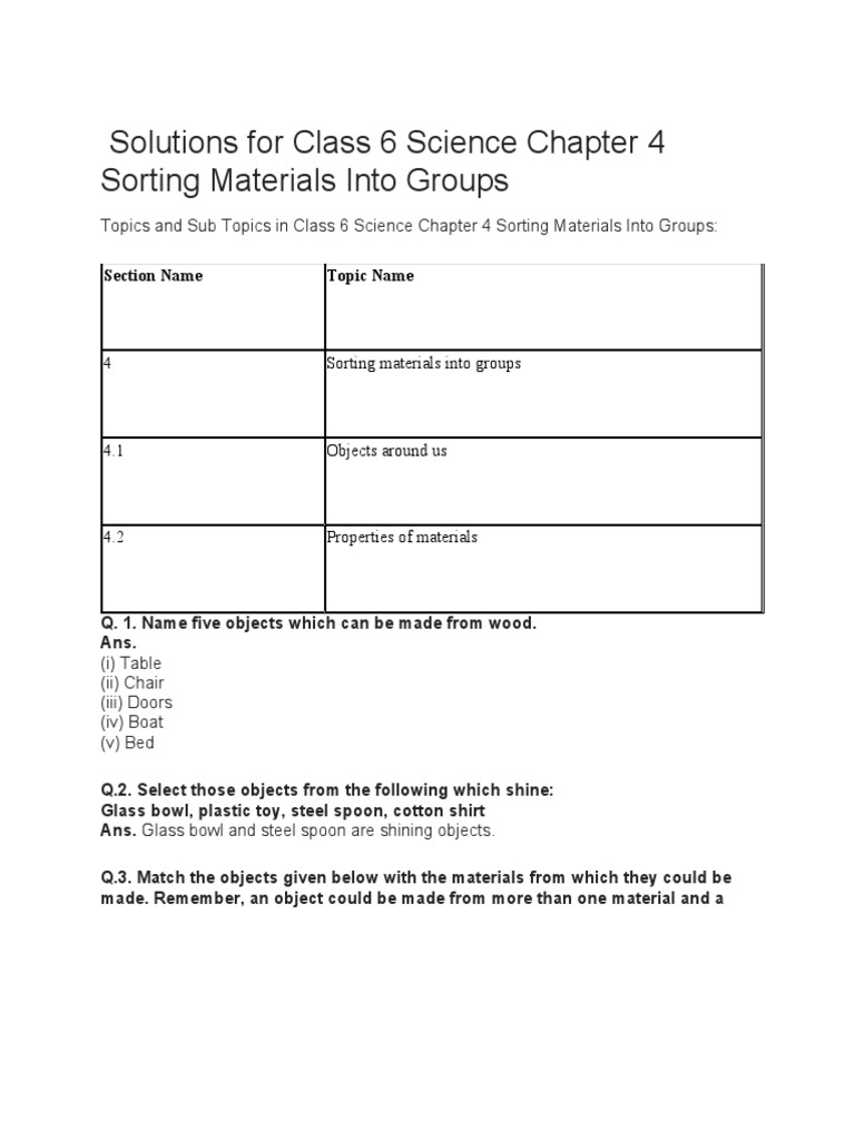 Solutions For Class 6 Science Chapter 4 Sorting Materials Into Groups ...